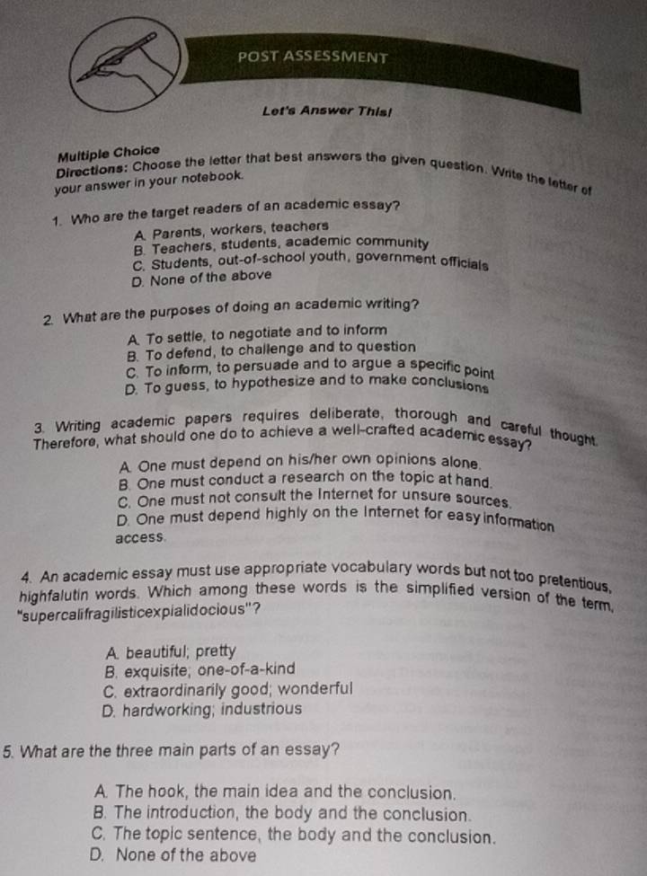 Solved: POST ASSESSMENT Let's Answer This! Multiple Choice Directions ...