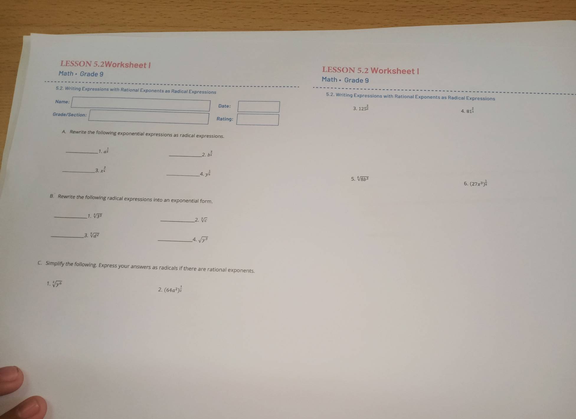 Solved: LESSON 5.2Worksheet l LESSON 5.2 Worksheet l Math• Grade 9 Math• Grade 9 5.2. Writing Ex ...
