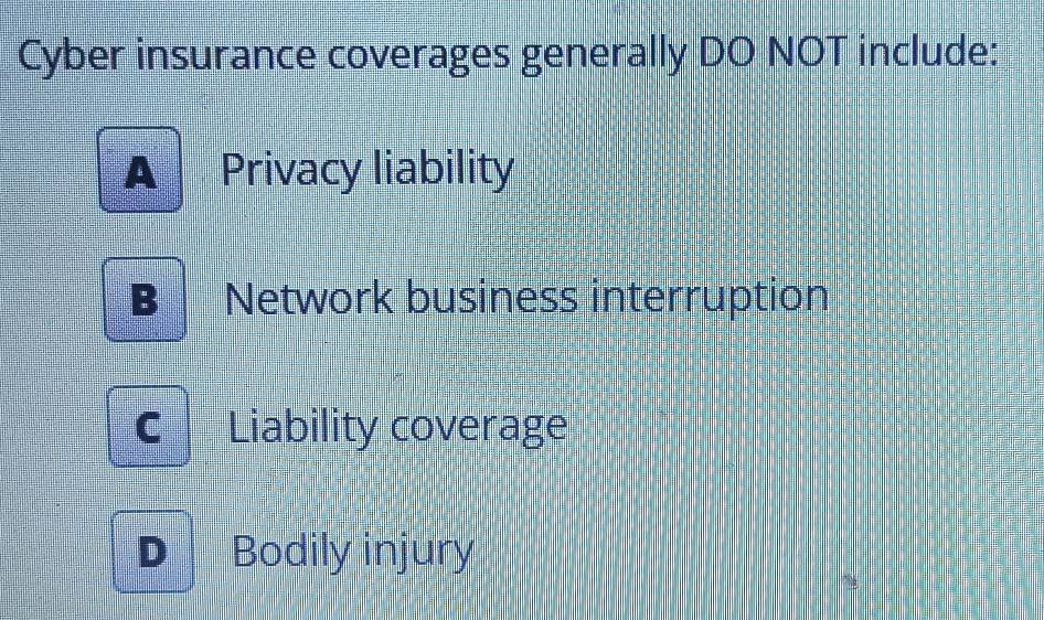 Solved: Cyber insurance coverages generally DO NOT include: A Privacy ...