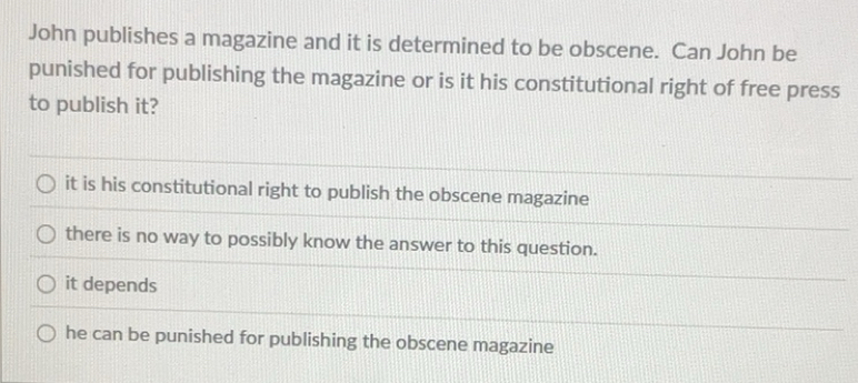 Solved: John publishes a magazine and it is determined to be obscene ...