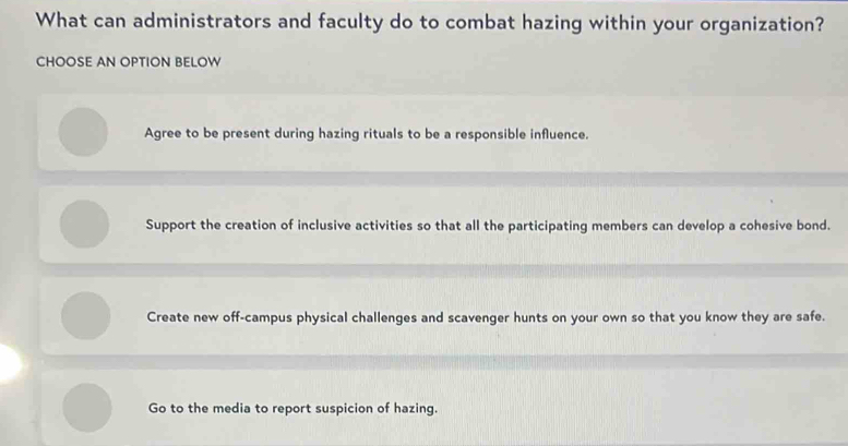Solved: What can administrators and faculty do to combat hazing within ...