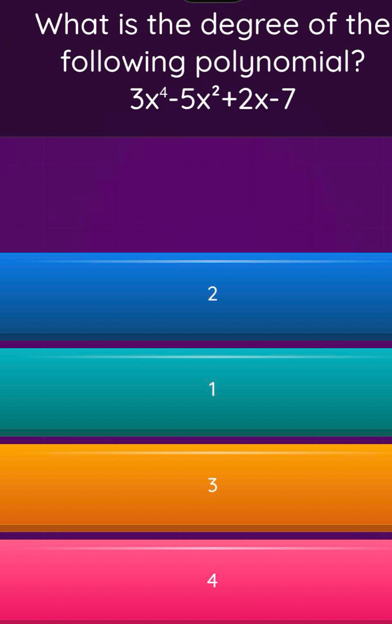 Solved: What is the degree of the following polynomial? 3x^4-5x^2+2x-7 2 1 3 4 [Math]