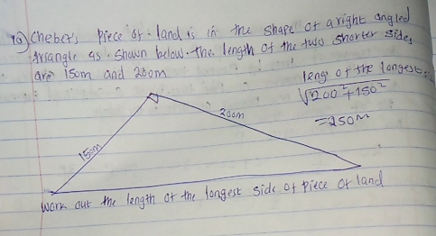 Solved: Chebet's piece or. land is in the shape of a right angled ...