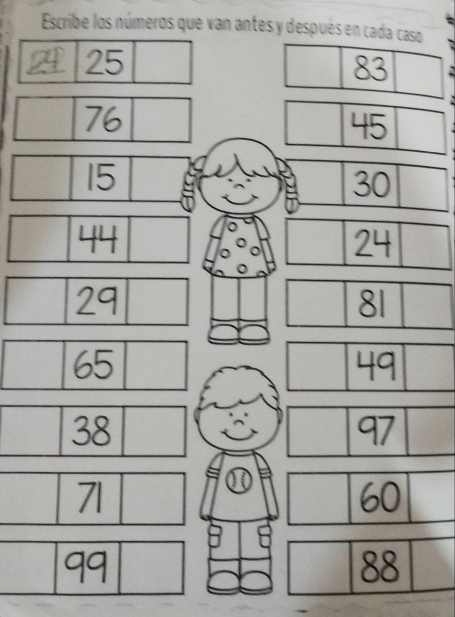 Resuelto:Escribe los números que van antes y después en cada caso