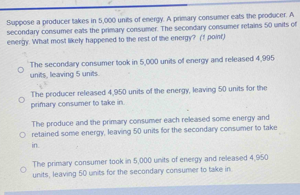 Solved: Suppose a producer takes in 5,000 units of energy. A primary ...