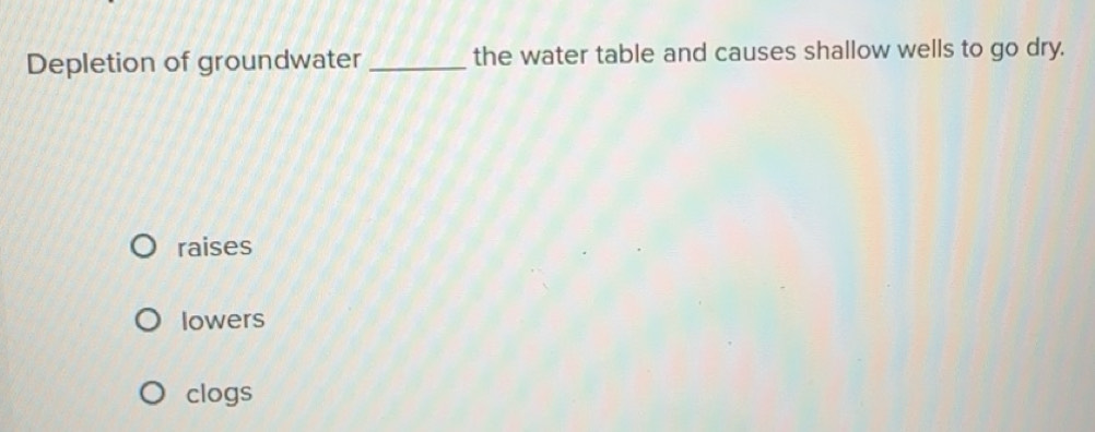 Solved: Depletion of groundwater _the water table and causes shallow ...