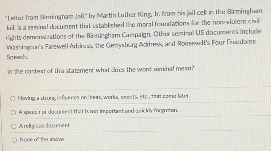 Solved: "Letter from Birmingham Jail," by Martin Luther King, Jr. from ...