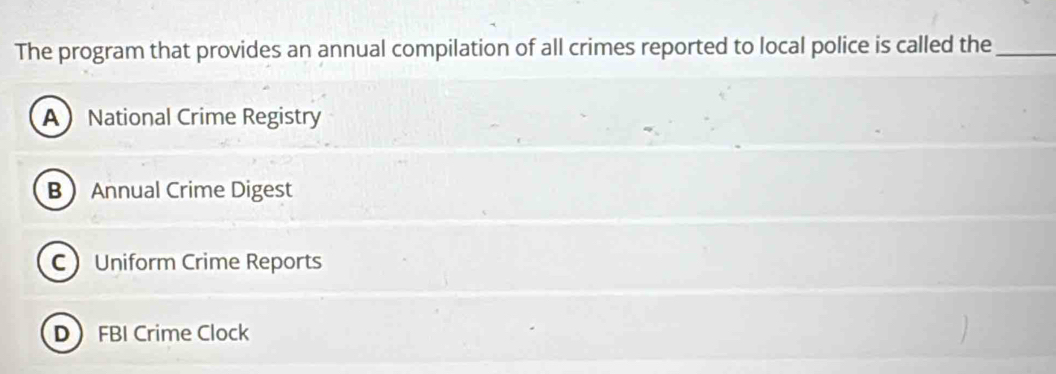 Solved: The program that provides an annual compilation of all crimes ...