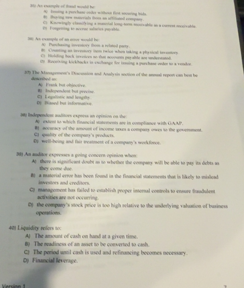 Solved: An example of fraud would be: A) Essuing a purchase order ...