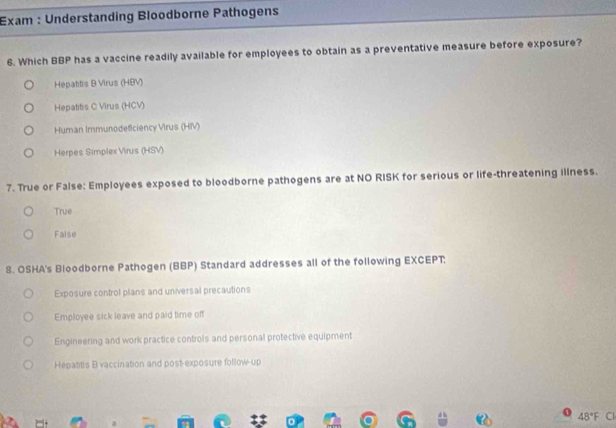 Solved: Exam : Understanding Bloodborne Pathogens 6. Which BBP has a ...