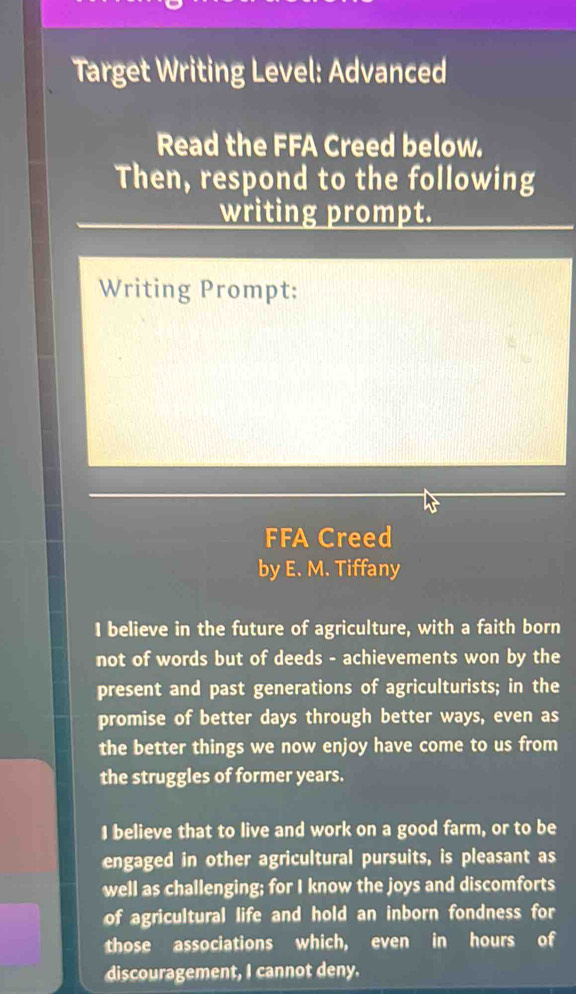 Solved: Target Writing Level: Advanced Read the FFA Creed below. Then, respond to the following ...
