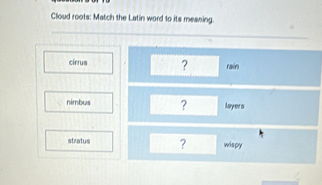 Solved: Cloud roots: Match the Latin word to its meaning. ? cirrus rain ...