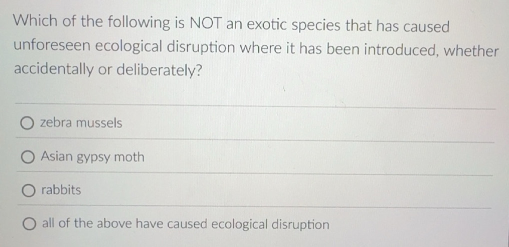Solved: Which of the following is NOT an exotic species that has caused ...