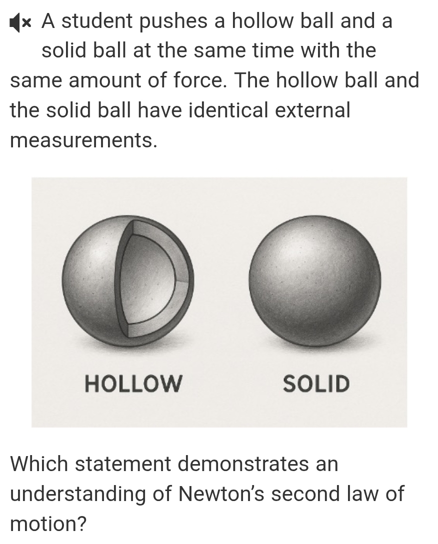 Solved: × A student pushes a hollow ball and a solid ball at the same ...