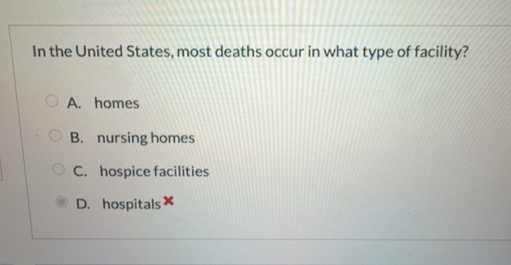 Solved: In the United States, most deaths occur in what type of ...