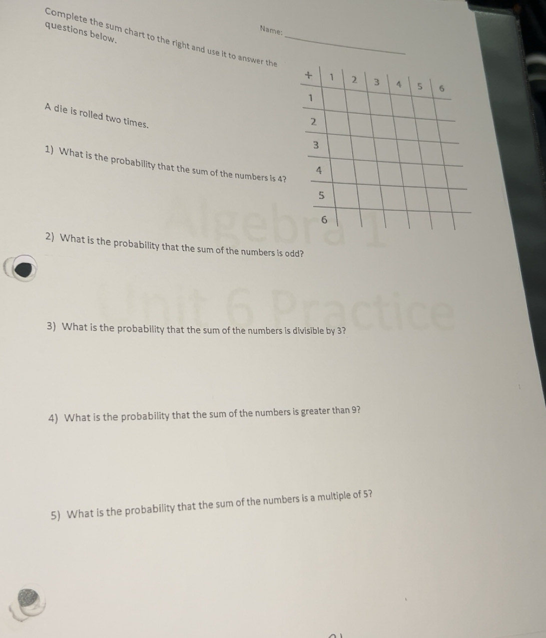 Solved: Name: questions below. Complete the sum chart to the right and ...