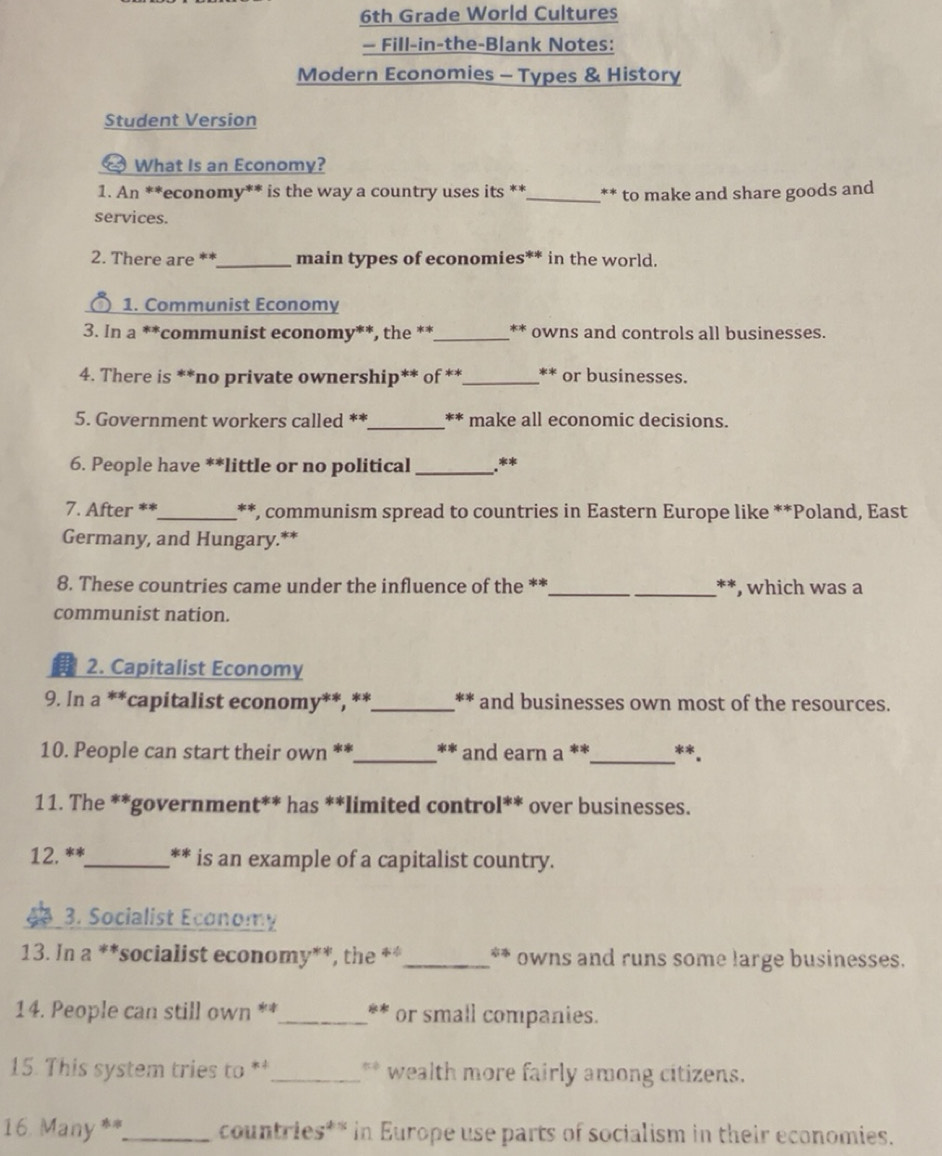Solved: 6th Grade World Cultures — Fill-in-the-Blank Notes: Modern ...