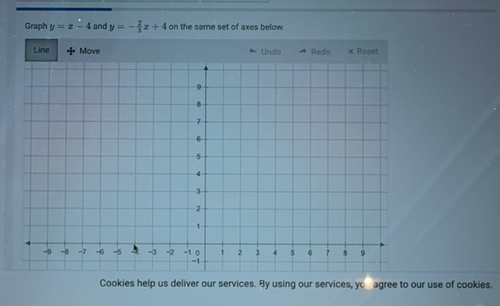 Solved: Graph y=x-4 and y=- 2/3 x+4 on the same set of axes below. Line Move Undo Redo × Reset ...