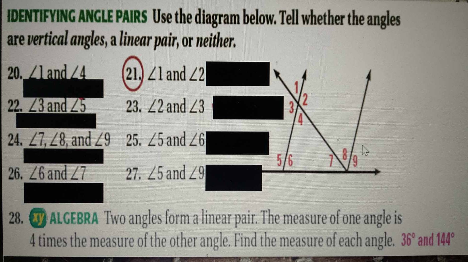 Solved: IDENTIFYING ANGLE PAIRS Use the diagram below. Tell whether the ...