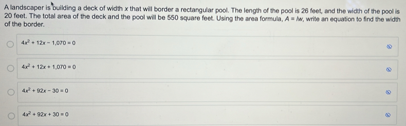 Solved: A landscaper is building a deck of width x that will border a ...