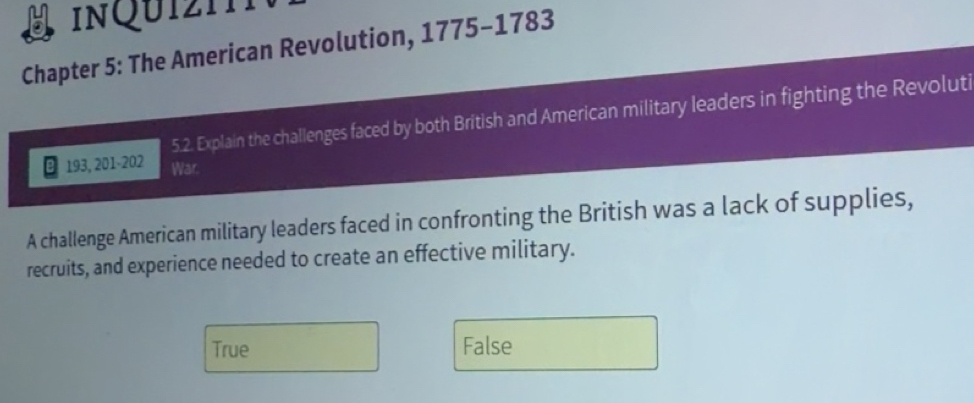Solved: inQuizi Chapter 5: The American Revolution, 1775-1783 5.2 ...