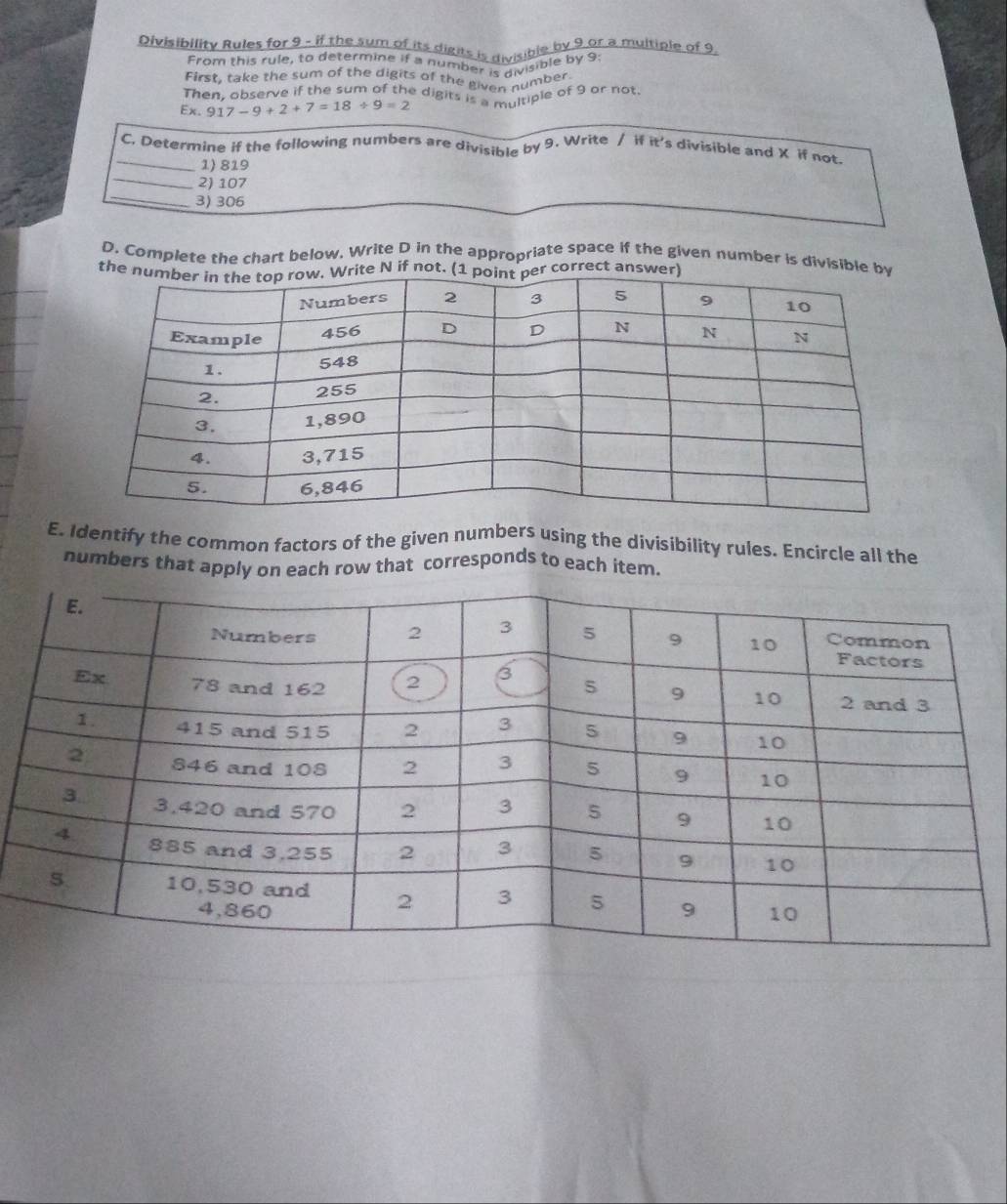 Solved: Divisibility Rules for 9 - if the sum of its digits is ...