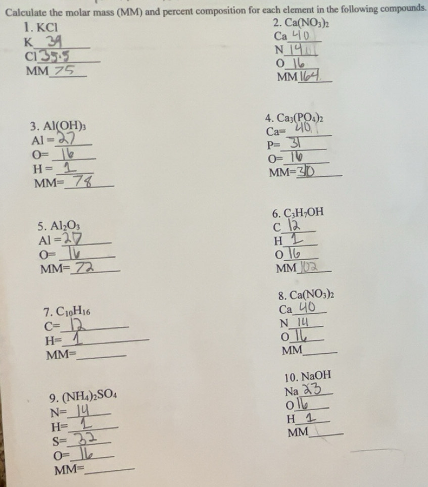 Solved: Calculate the molar mass (MM) and percent composition for each ...
