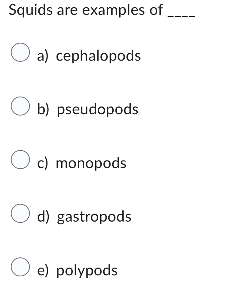 Solved: Squids are examples of_ a) cephalopods b) pseudopods c ...
