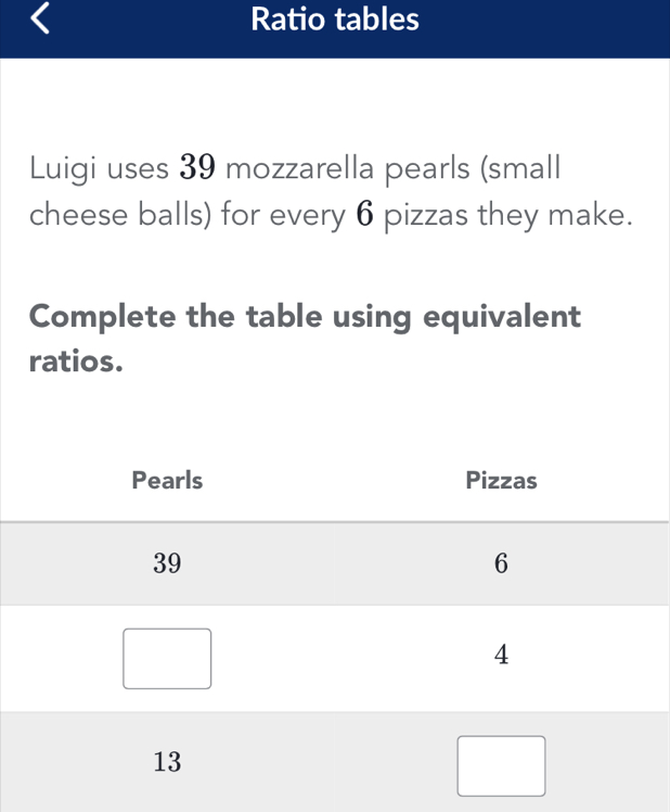 Ratio tables Luigi uses 39 mozzarella pearls (small cheese balls) for ...