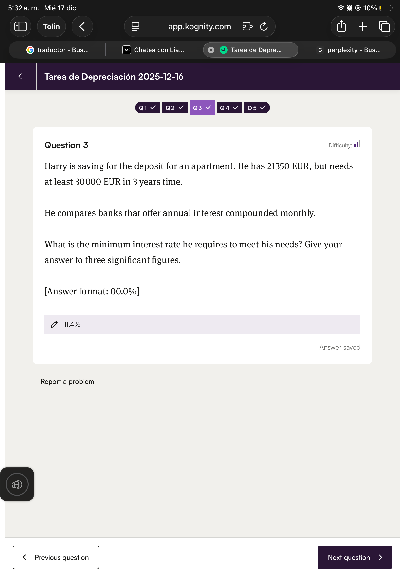 Resuelto:5:32 a. m. Mié 17 dio 10% Q Tolin app.kognity.com traductor ...