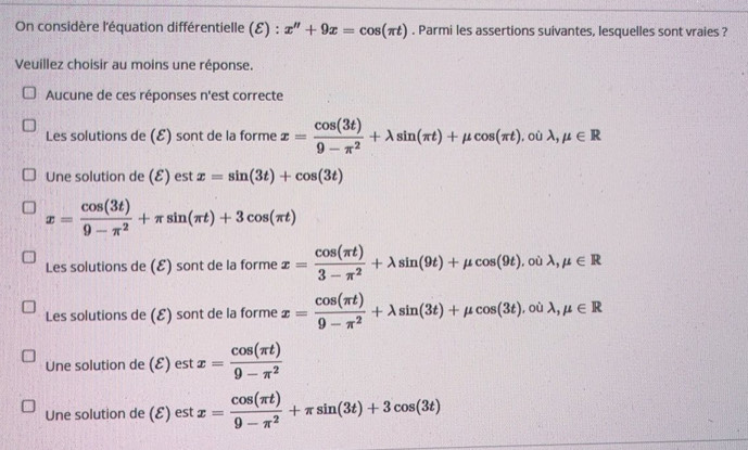 Résolu :On considère l'équation différentielle (E) : x''+9x=cos (π t ...