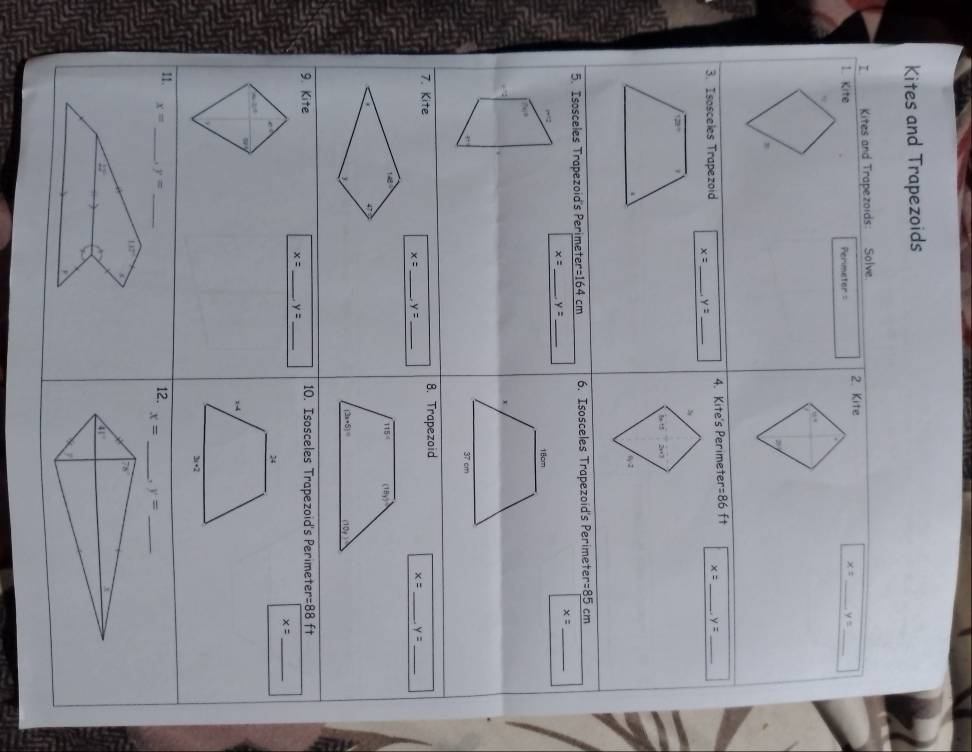 Solved: Kites and Trapezoids I Kites and Trapezoids: Solve _ 1. Kite ...