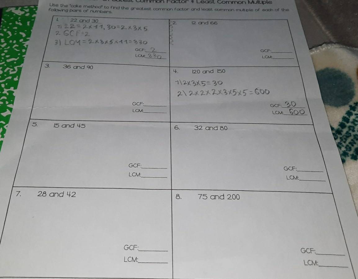 Solved: Ummón Factor & Least Common Multiple Use the "cake method" to ...