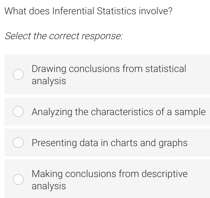 Solved: What does Inferential Statistics involve? Select the correct response: Drawing ...