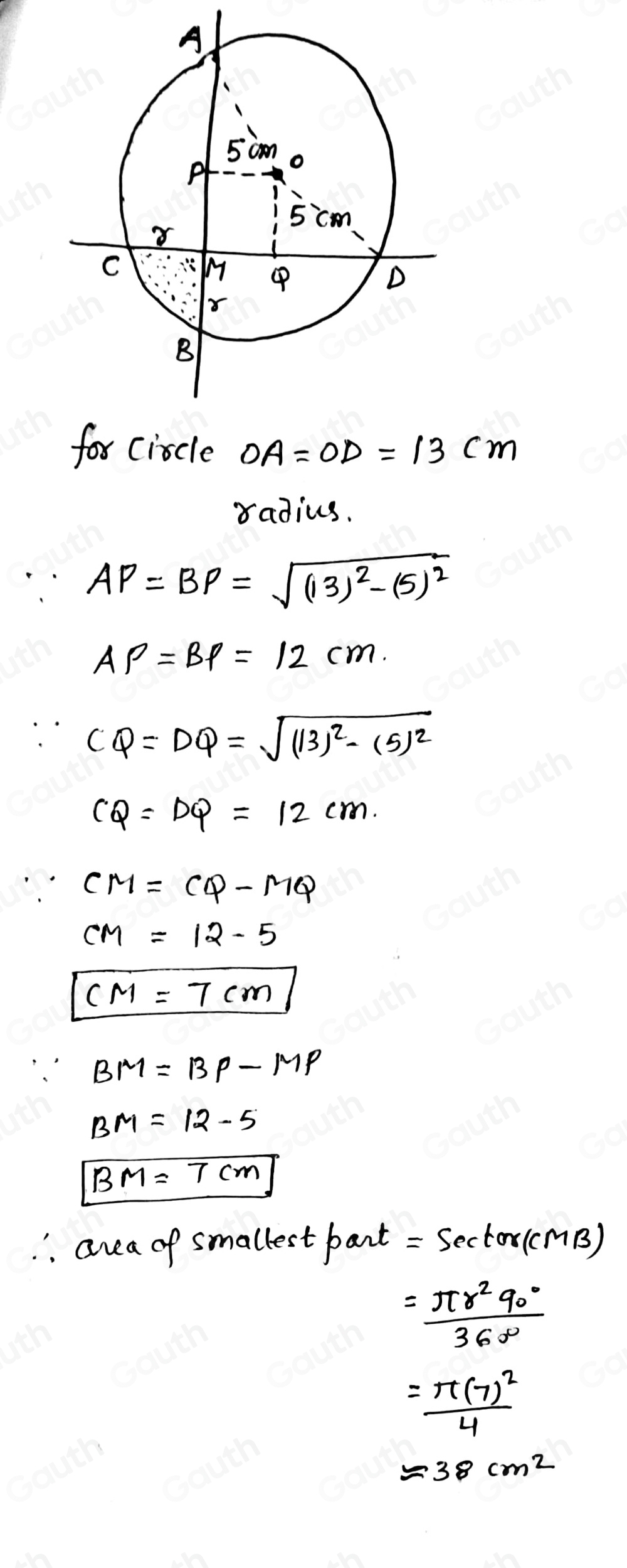 Solved: Two perpendicular chords both 5 cm from the center of a circle ...