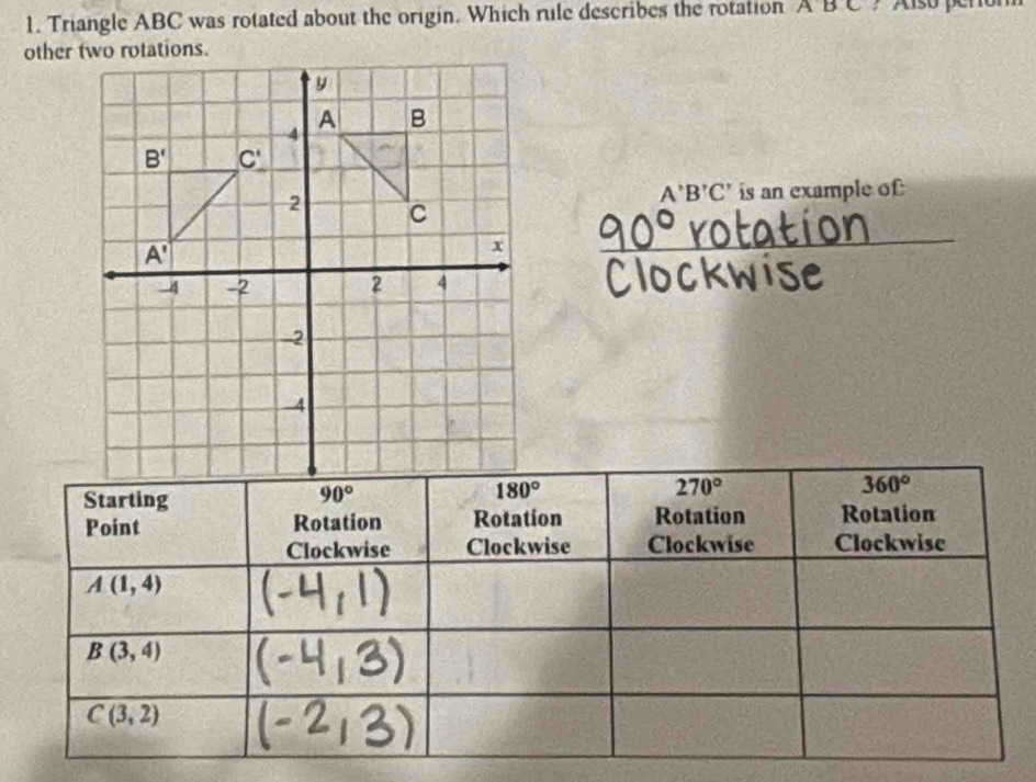 Solved: Triangle ABC was rotated about the origin. Which rule describes ...