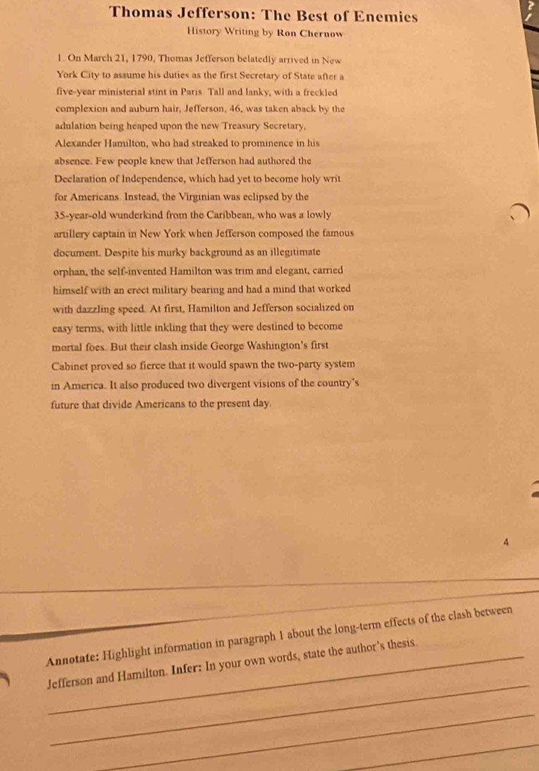 Solved: Thomas Jefferson: The Best of Enemies History Writing by Ron ...