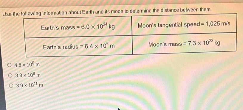 Solved: Earth and its moon to determine the distance between them. 4.6 ...