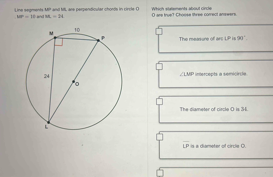 Solved: Line segments MP and ML are perpendicular chords in circle O ...