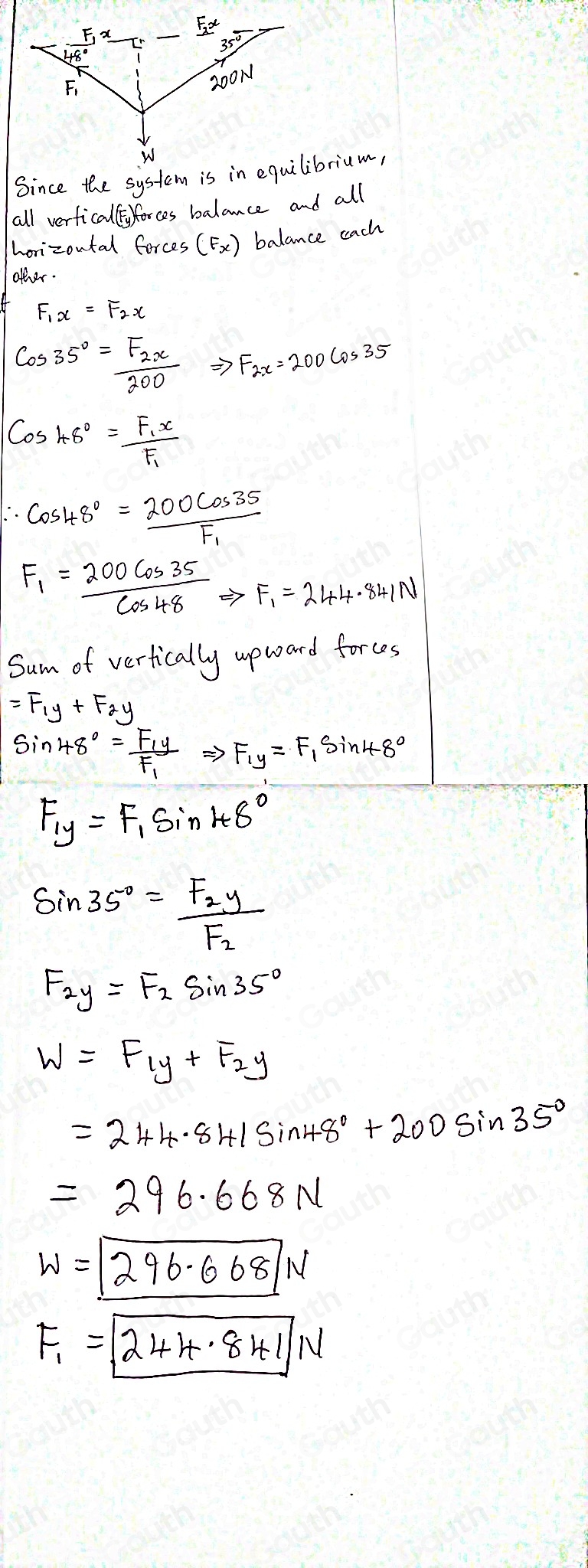 Solved: Consider a w-N weight suspended by two wires as shown in the ...