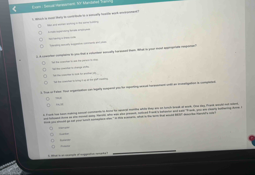 Solved: Exam : Sexual Harassment: NY Mandated Training 1. Which is most ...