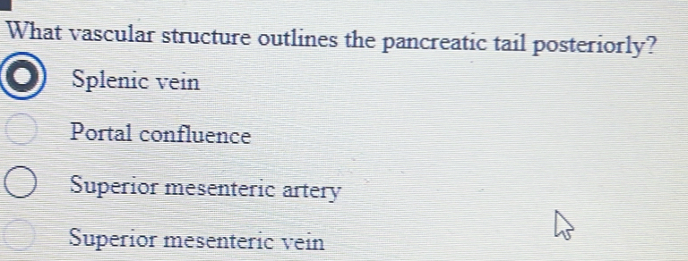 Solved: What vascular structure outlines the pancreatic tail ...