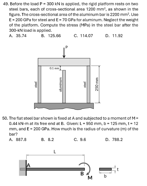 Solved: Before the load P=300kN is applied, the rigid platform rests on ...