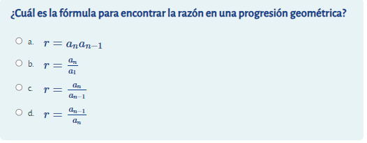 Resuelto:¿Cuál es la fórmula para encontrar la razón en una progresión ...