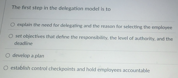 Solved: The first step in the delegation model is to explain the need ...