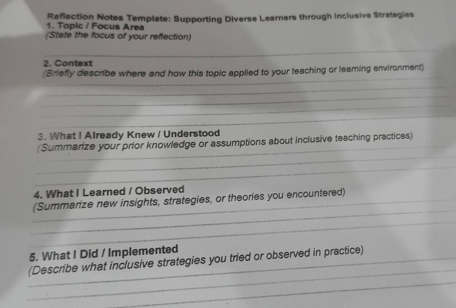 Solved: Reflection Notes Template: Supporting Diverse Learners through ...