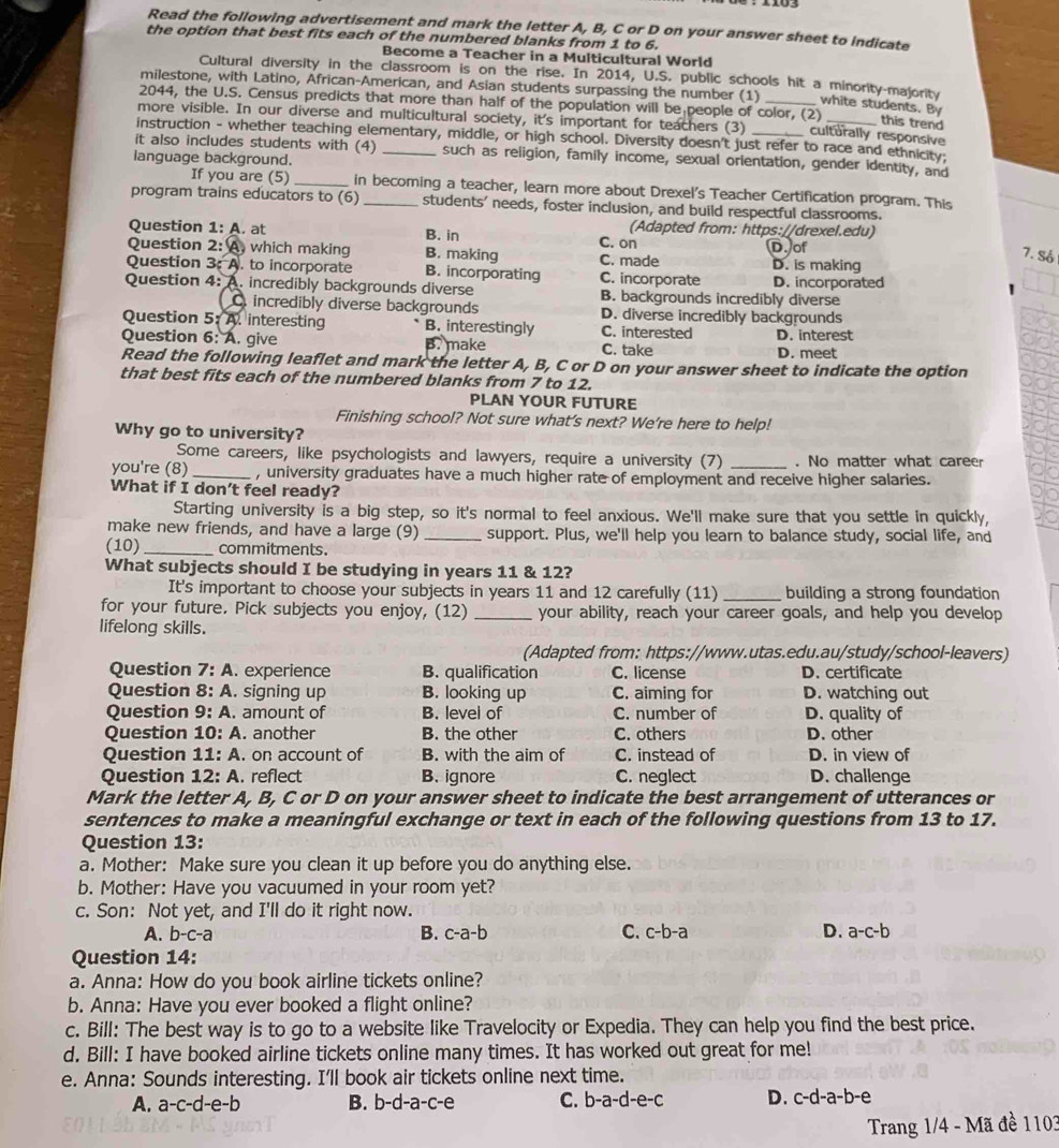 Giải quyết:Read the following advertisement and mark the letter A, B, C ...