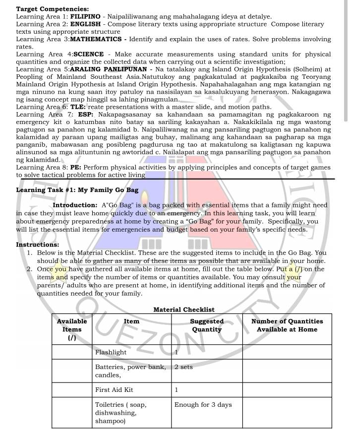 Solved: Target Competencies: Learning Area 1: FILIPINO ...