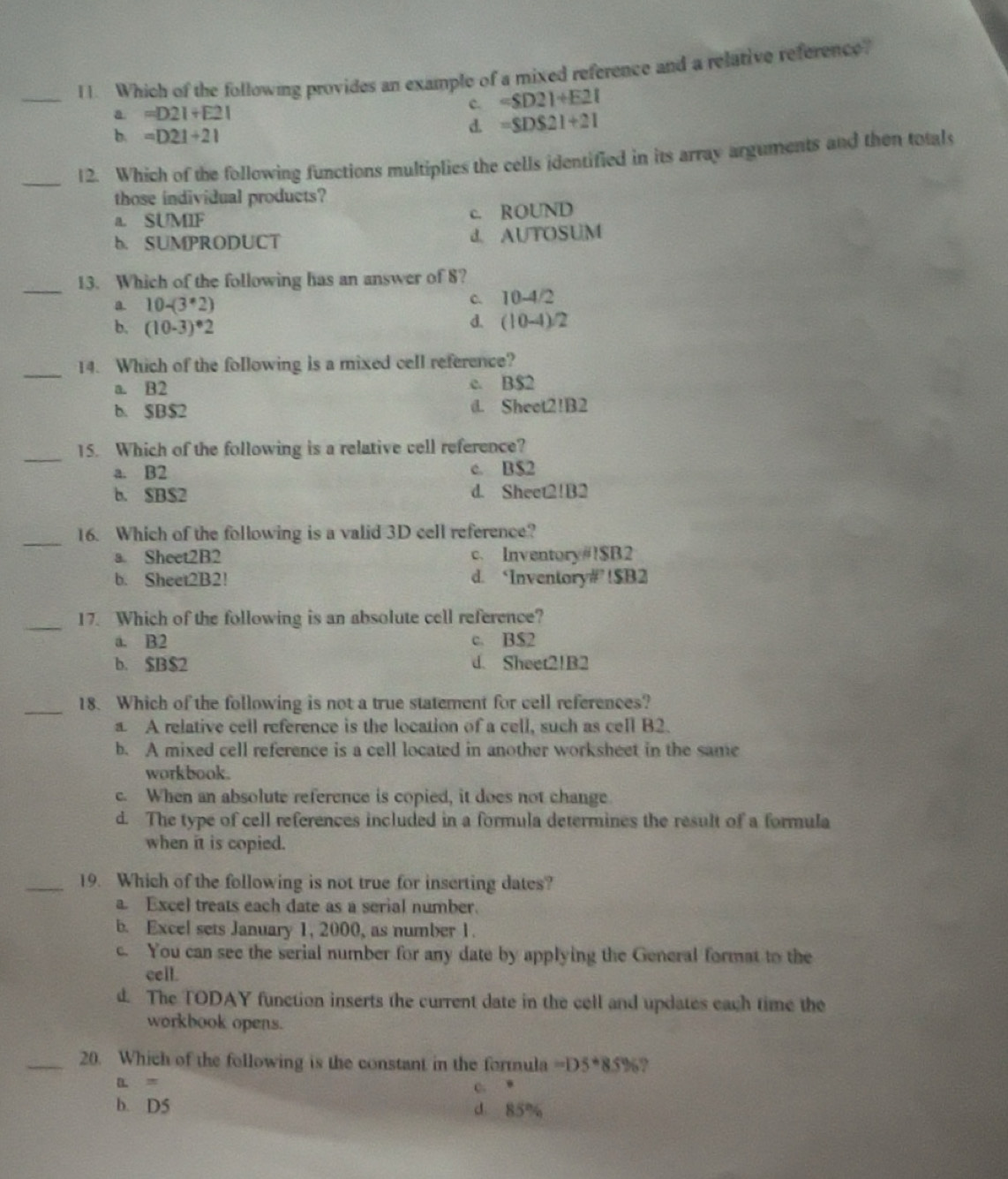 Solved: Which of the following provides an example of a mixed reference ...