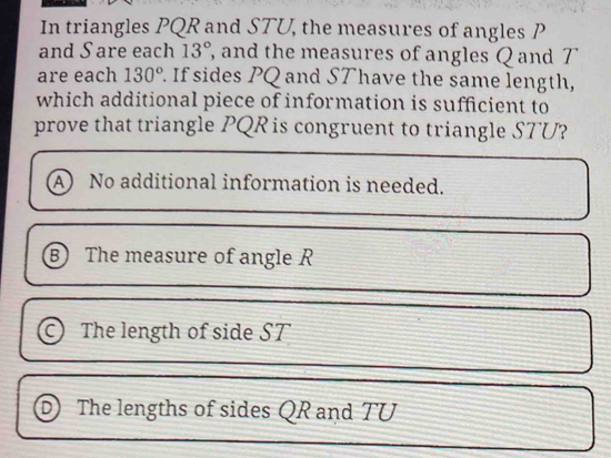 Solved: In triangles PQR and STU, the measures of angles P and S are ...